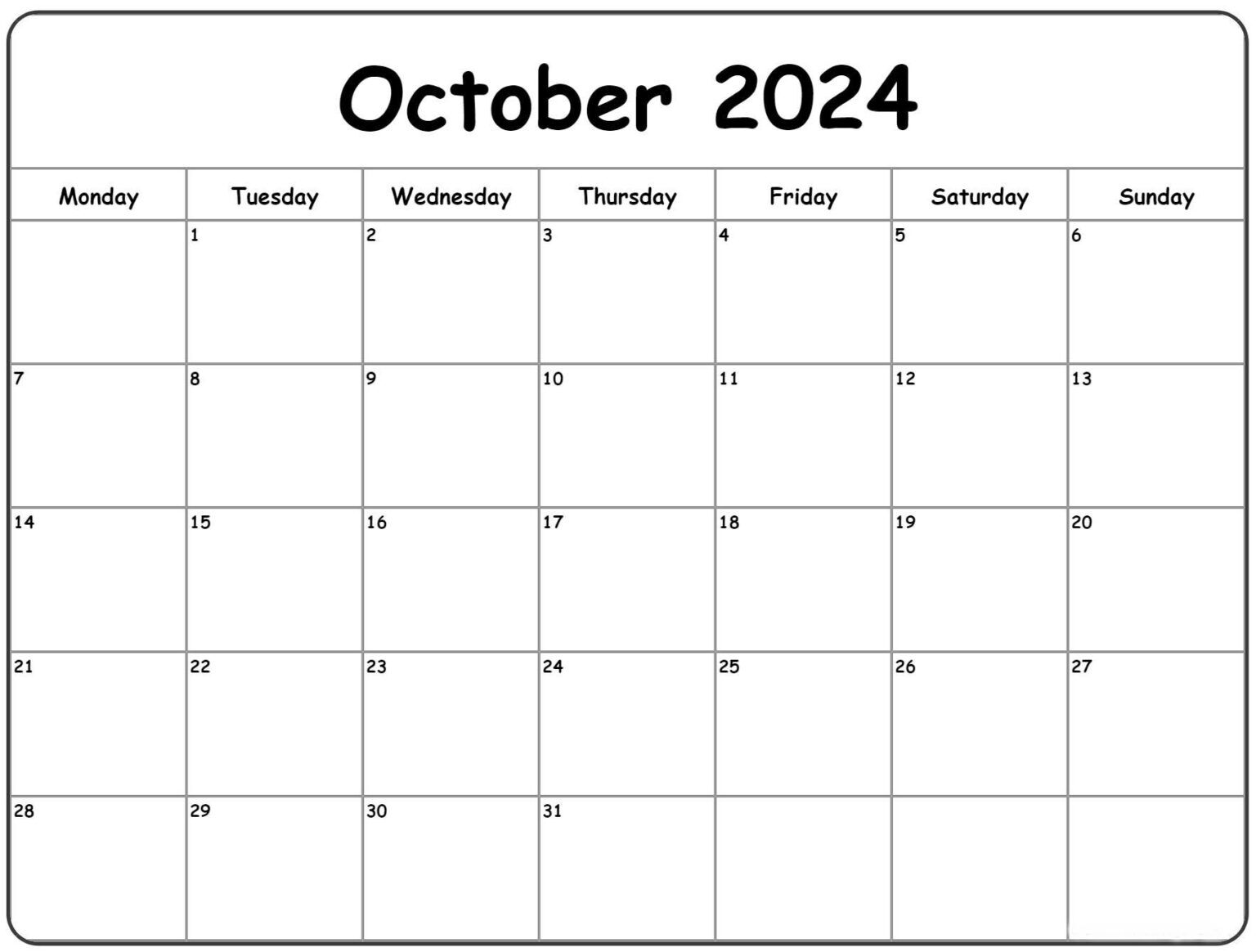 October Printable Calendar 2024 - Cable Squats